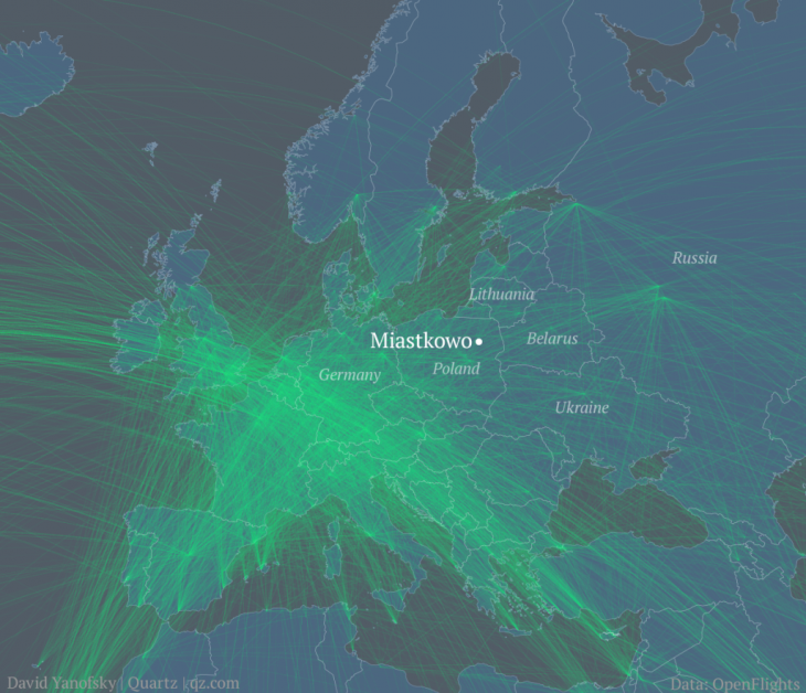 The center of every international flight route sits in rural Poland